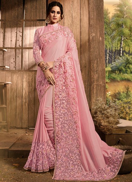 Light Pink Embroidered Wedding Saree - Sarees Designer Collection