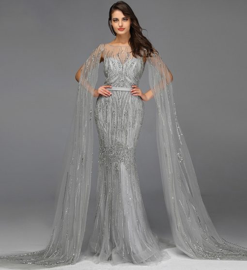 Silver Princess Floor Touching Sleeve Beaded Dress - Evening Dresses ...